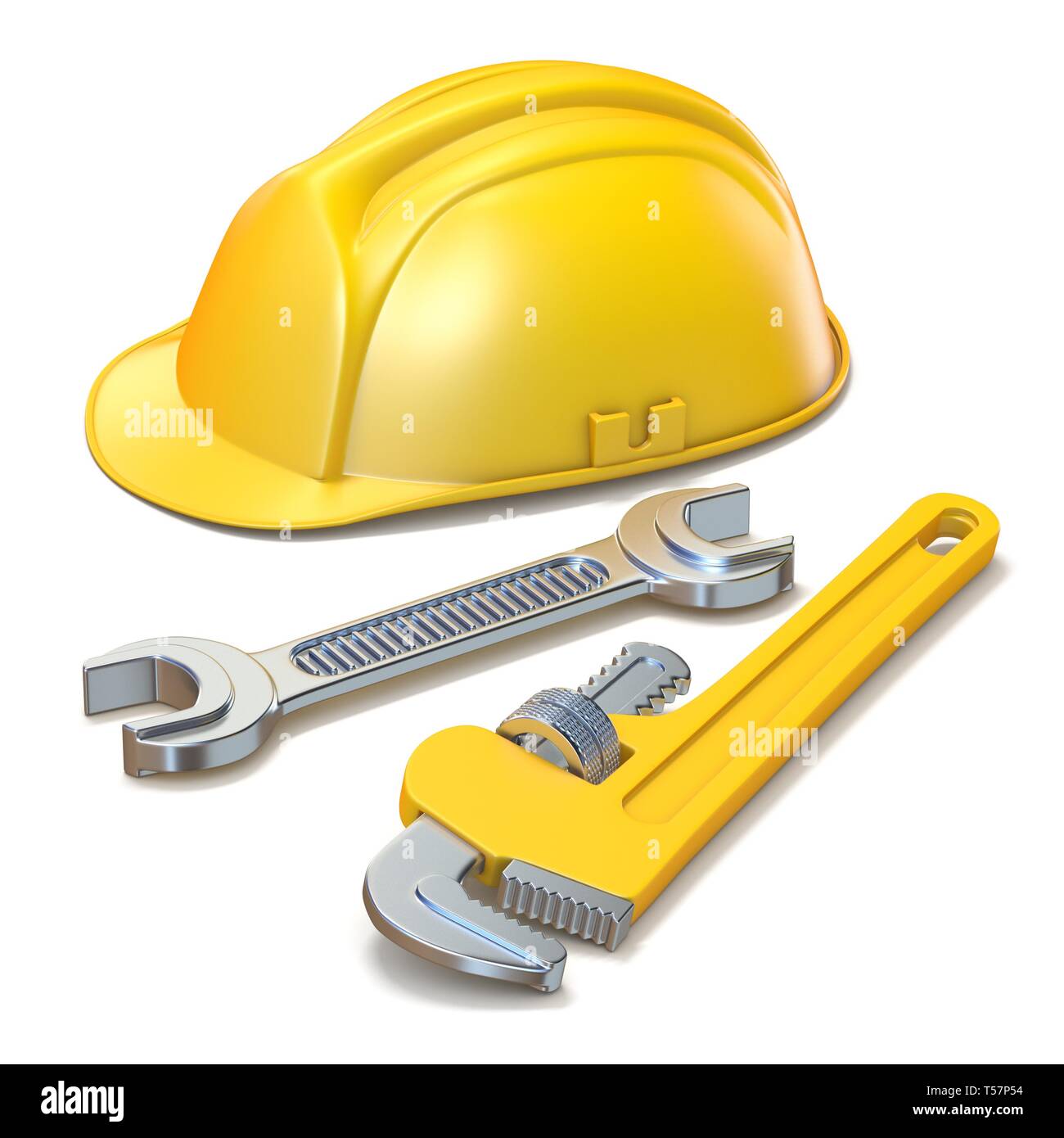 Construction helmet with a wrench and piper tool 3D render illustration ...