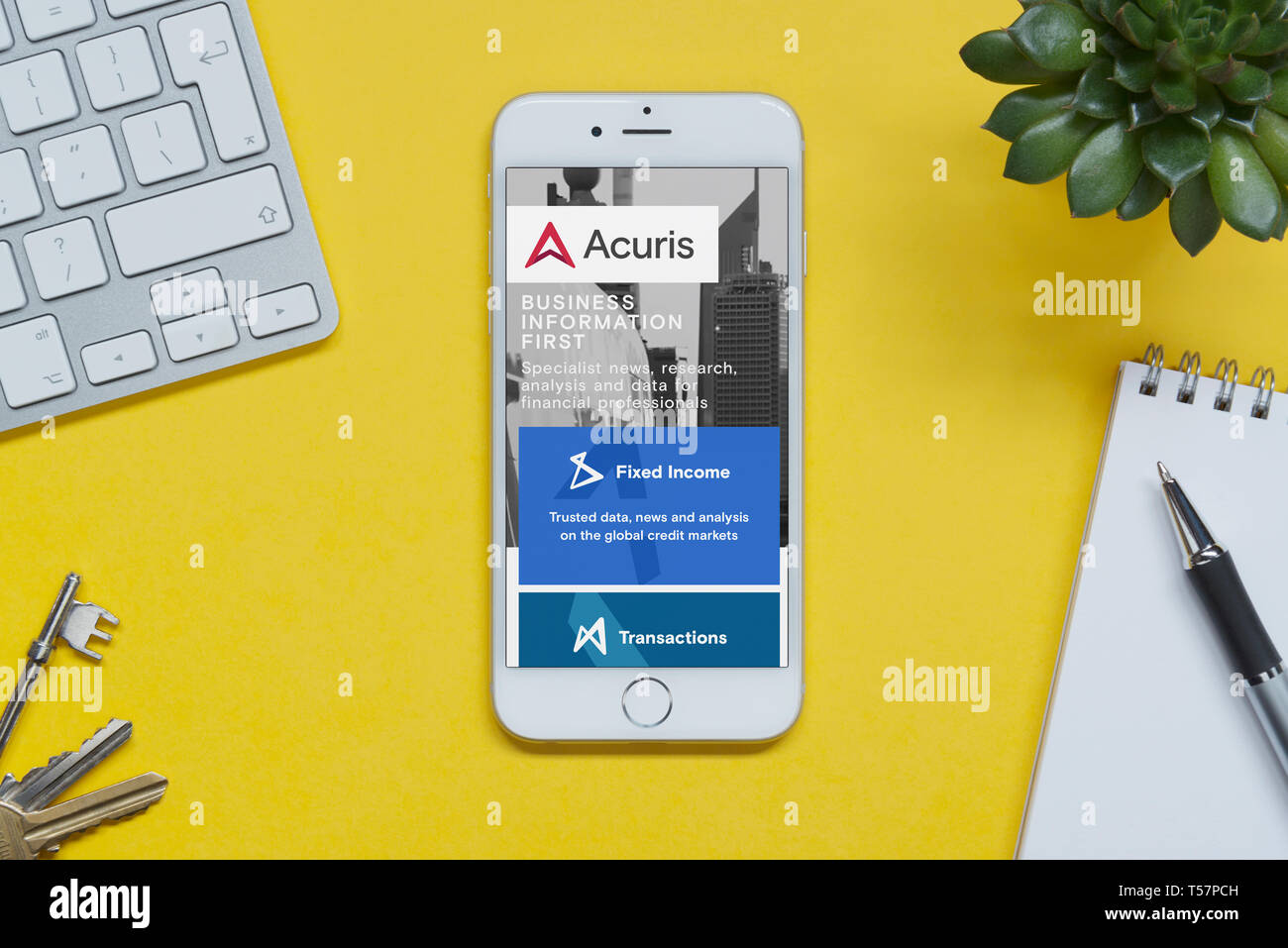 An iPhone showing the Acuris website rests on a yellow background table ...