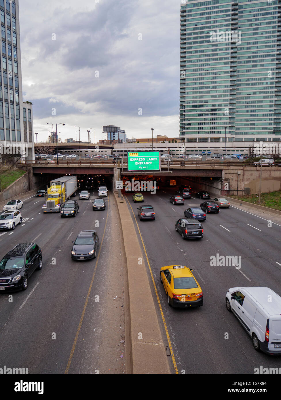 Afternoon rush hour traffic. Kennedy Expressway at Fulton Market ...