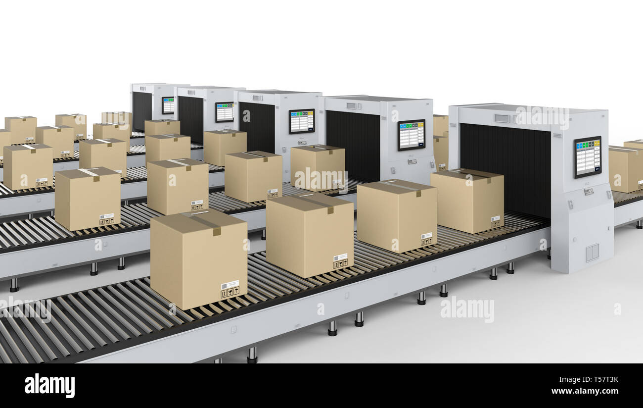 3d rendering cardboard boxes on conveyor line with machine Stock Photo ...