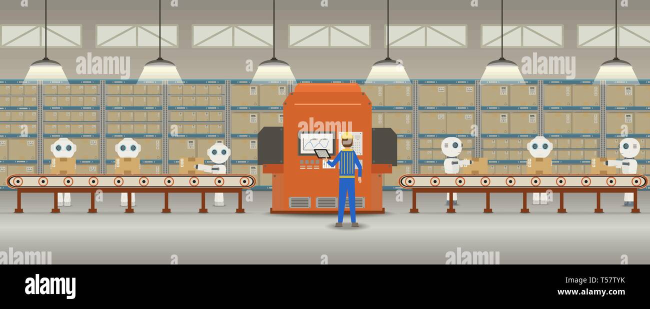 Automation factory concept with robot working flat design vector ...