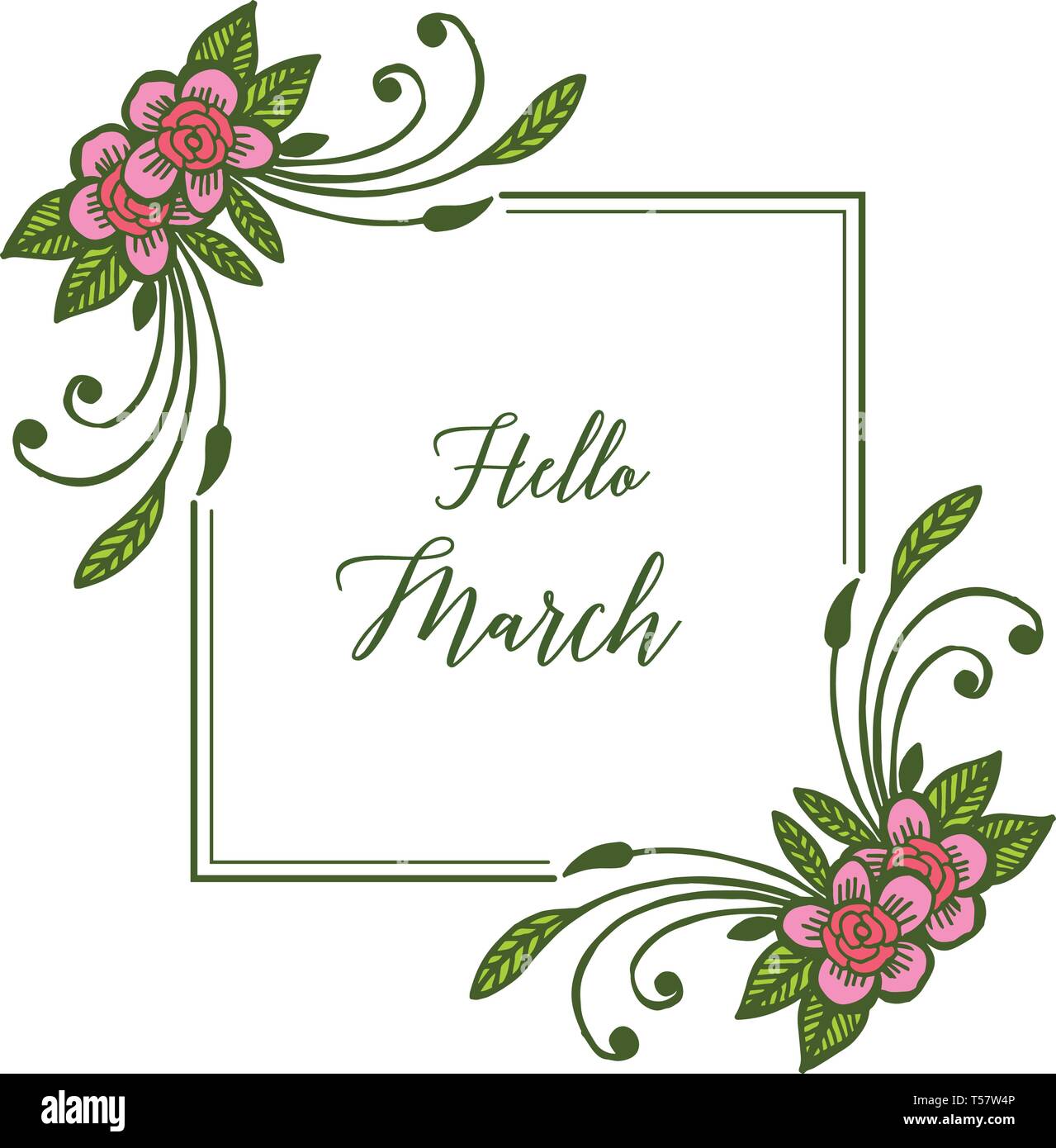 Vector illustration blossom flower frame for greeting card hello march ...