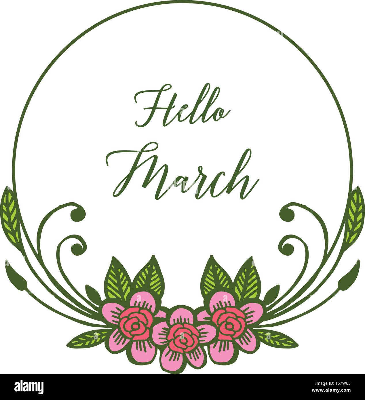 Vector illustration card design hello march and floral wreath of hand ...