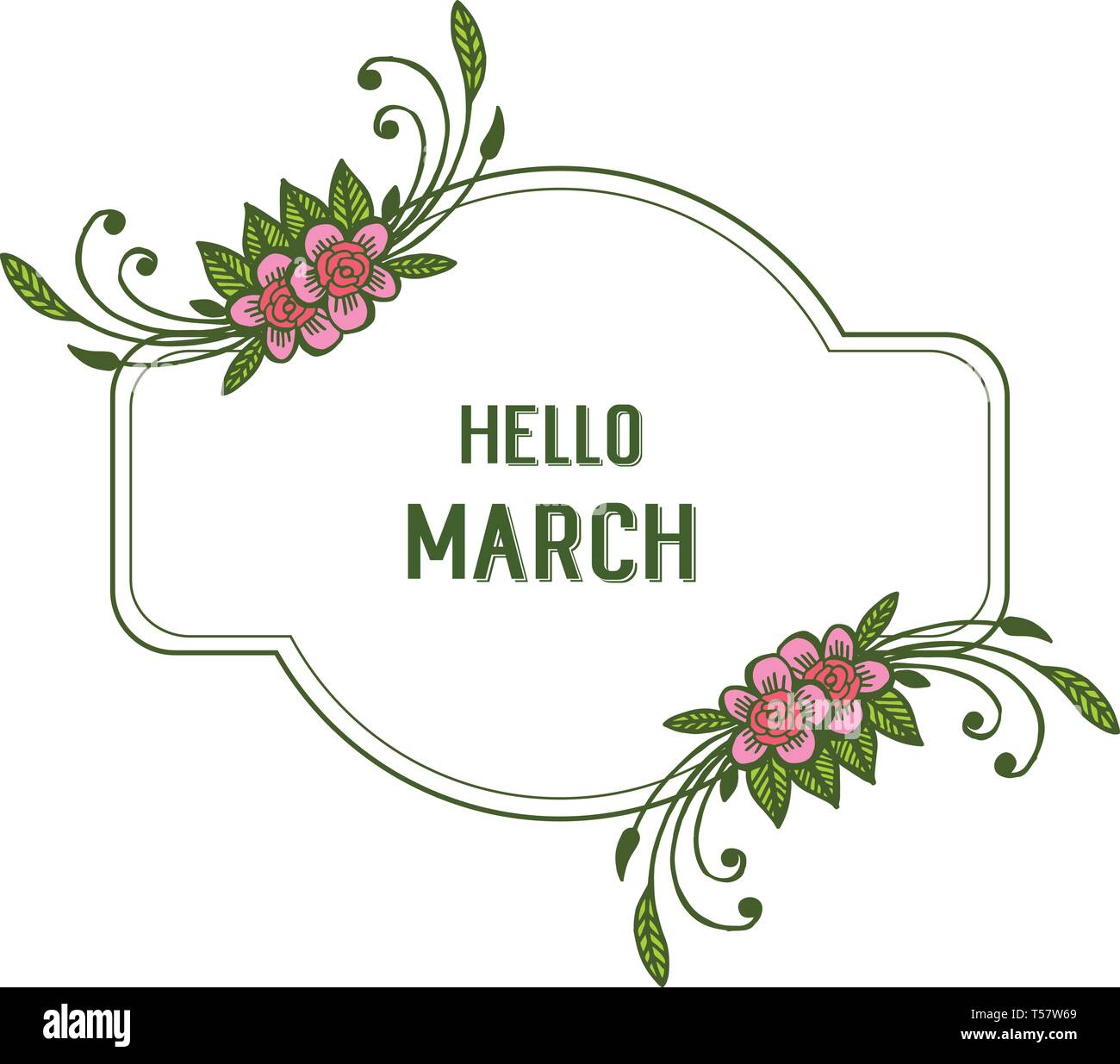 Vector illustration card design hello march and floral wreath of hand ...