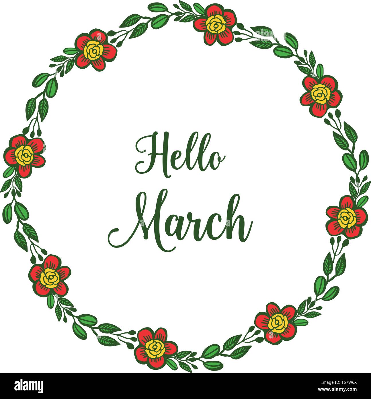 Vector illustration lettering hello march with beautiful flower frame ...