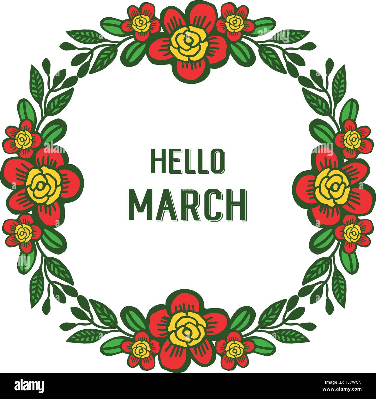 Vector illustration ornate hello march with brights flower frame hand ...