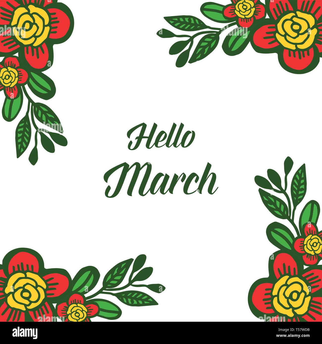 Vector illustration ornate hello march with brights flower frame hand ...