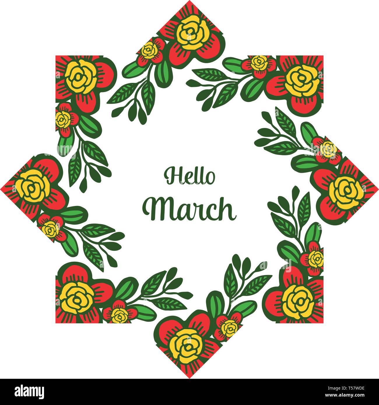 Vector illustration ornate hello march with brights flower frame hand ...