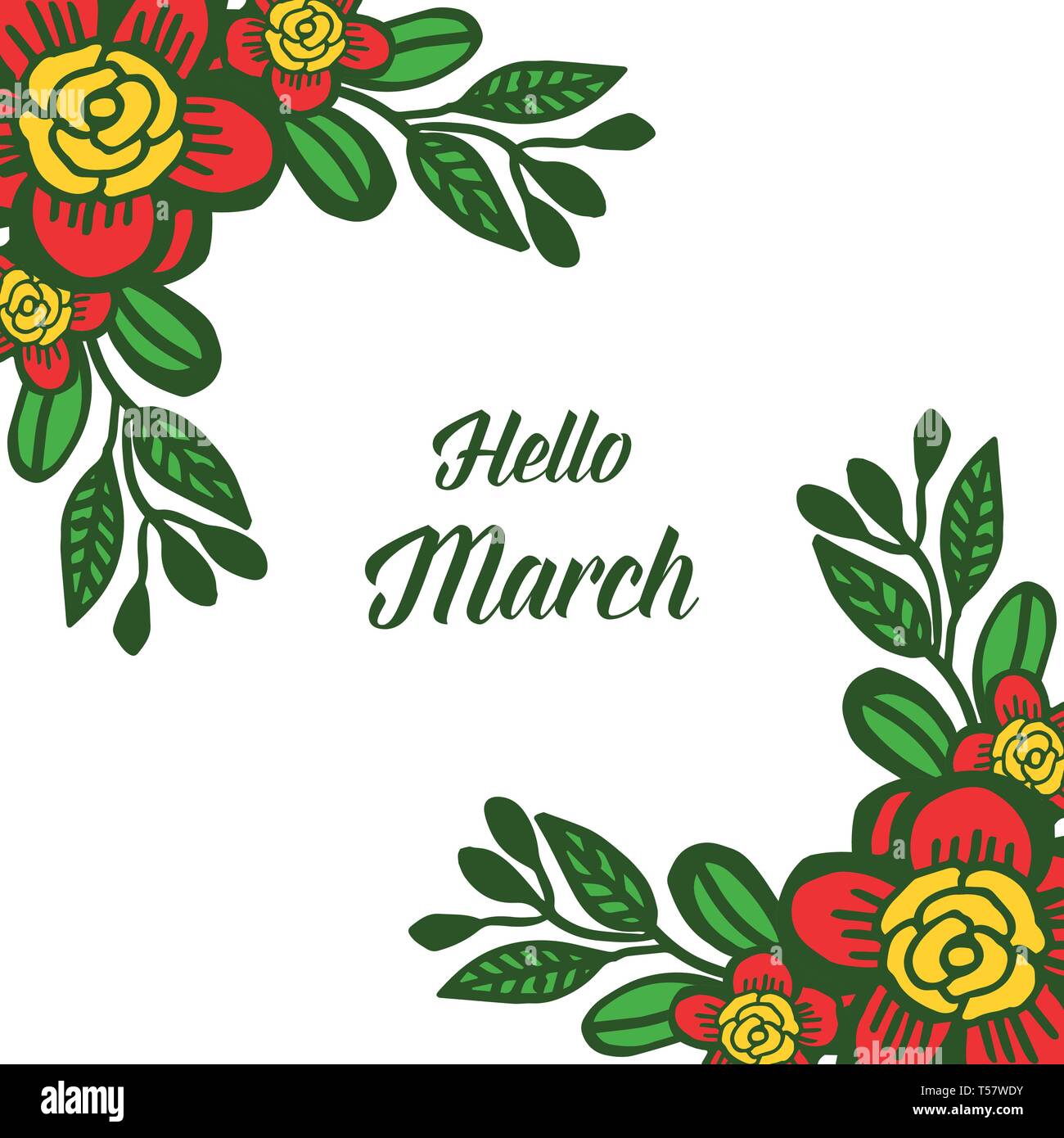 Vector illustration ornate hello march with brights flower frame hand ...