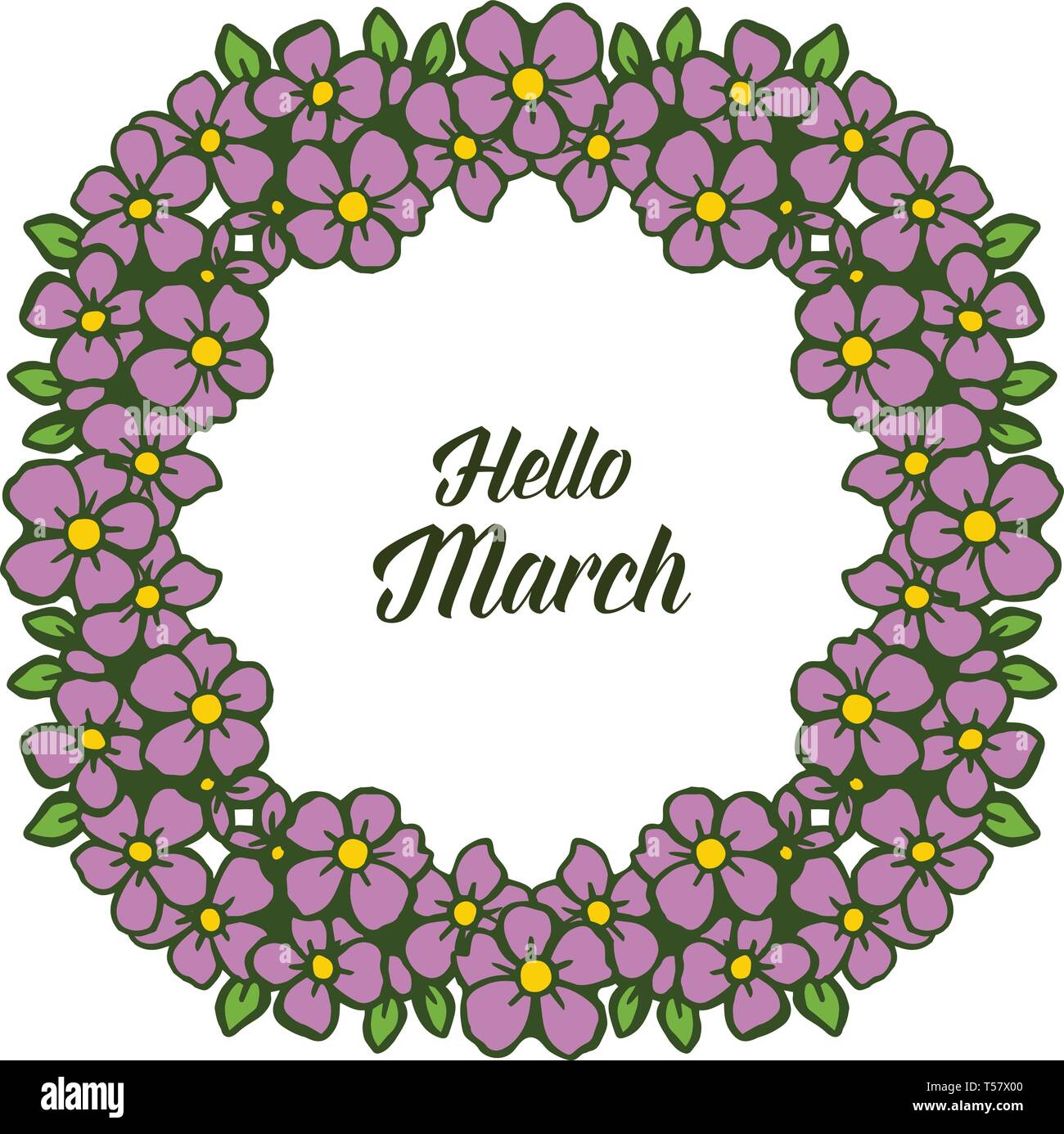 Vector illustration purple flower frame for banner hello march hand ...