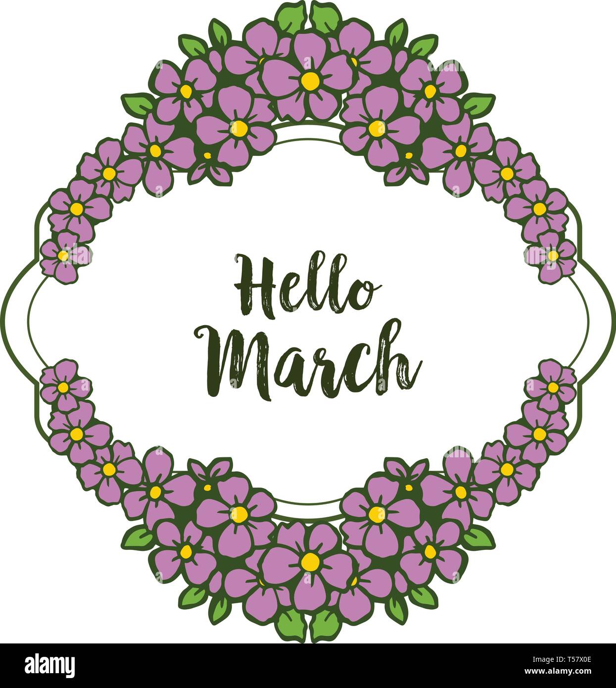 Vector illustration purple flower frame for banner hello march hand ...