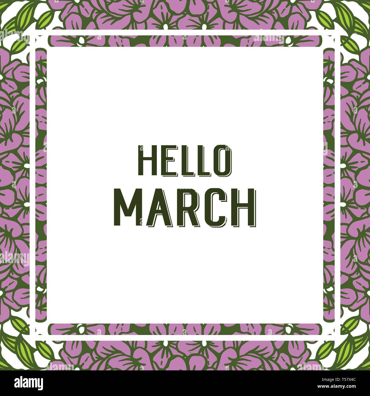 Vector illustration greeting card of hello march with purple flower ...