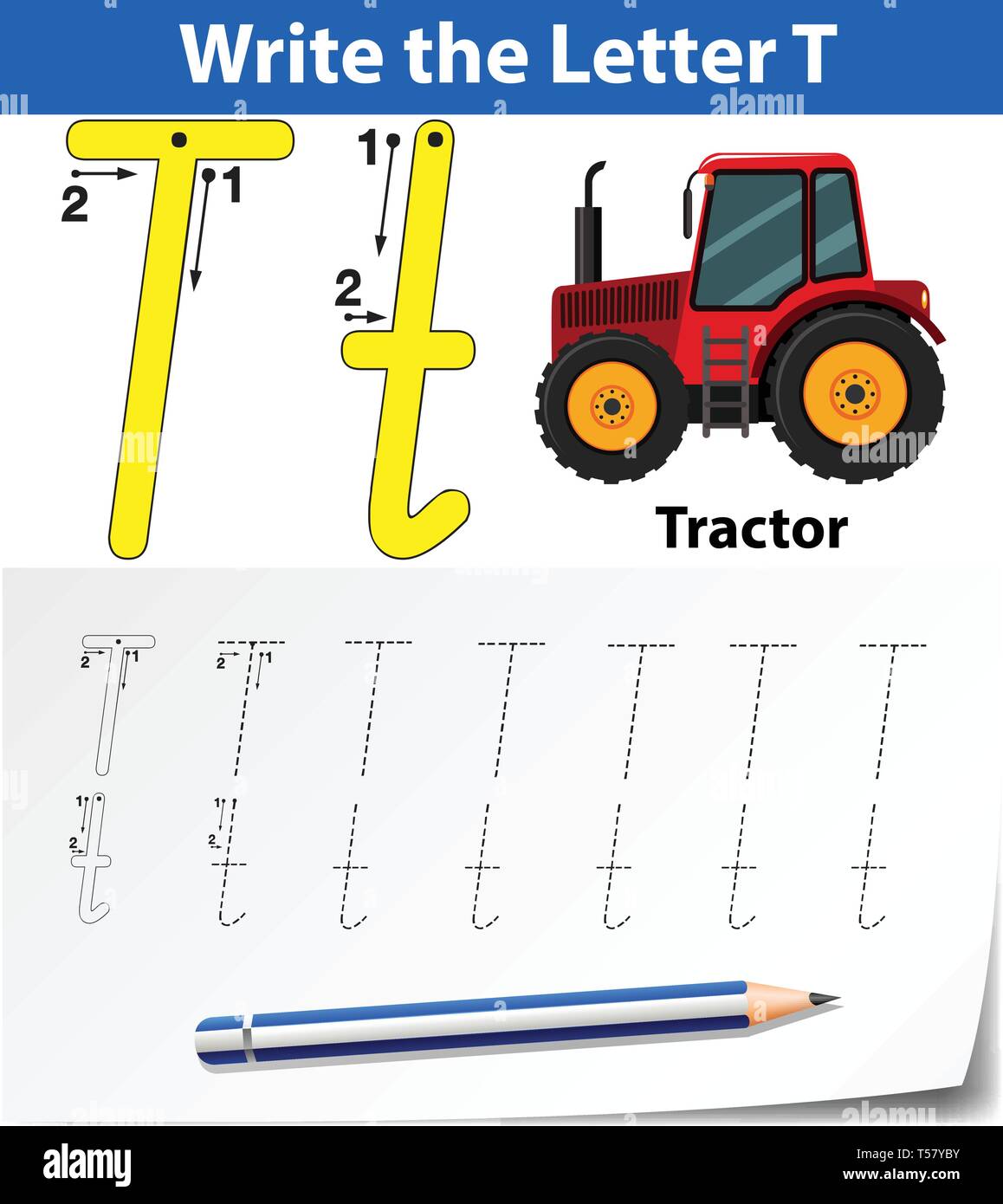 Letter T tracing alphabet worksheets illustration Stock Vector Image ...