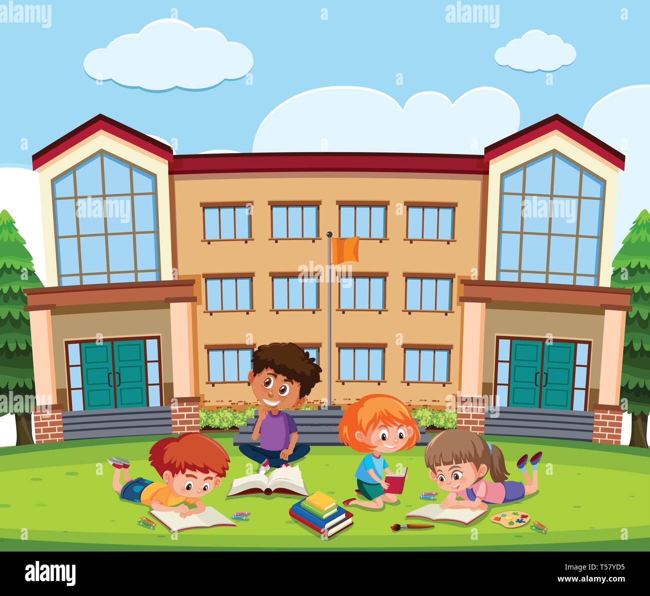 Student learning in front of school illustration Stock Vector Image ...