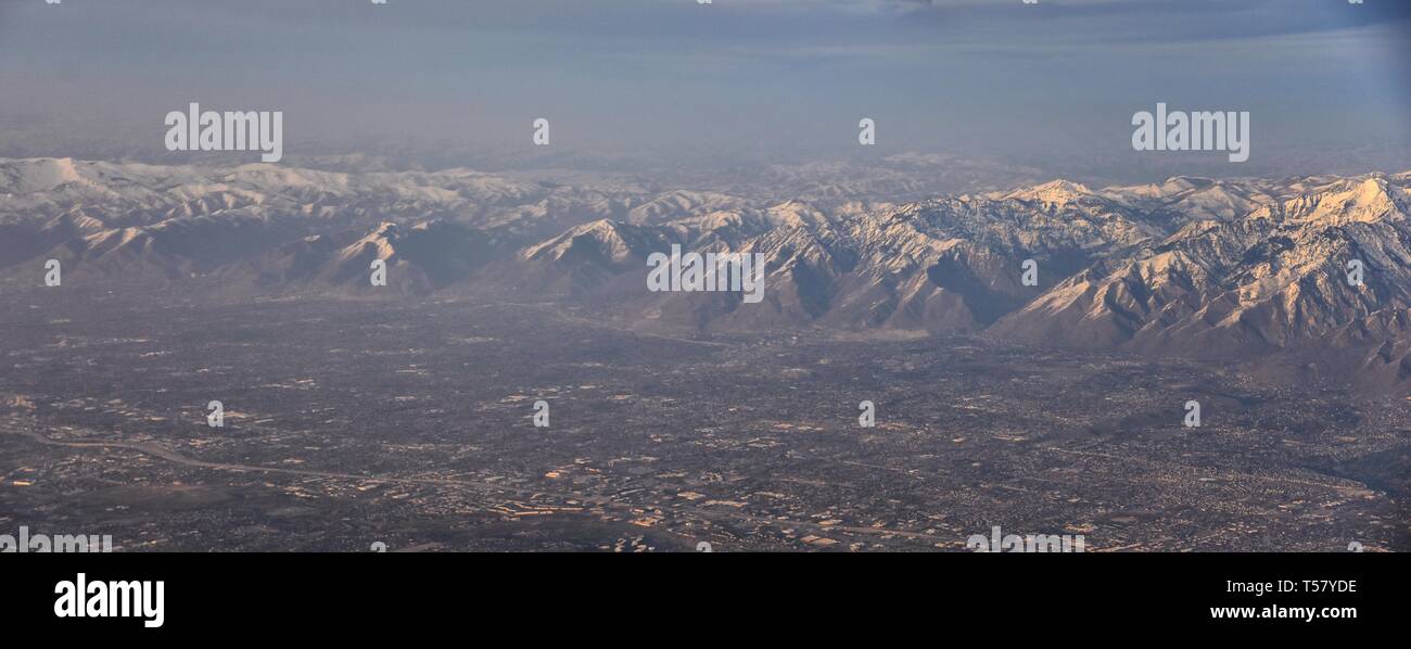 Aerial view from airplane of the Wasatch Front Rocky Mountain Range ...