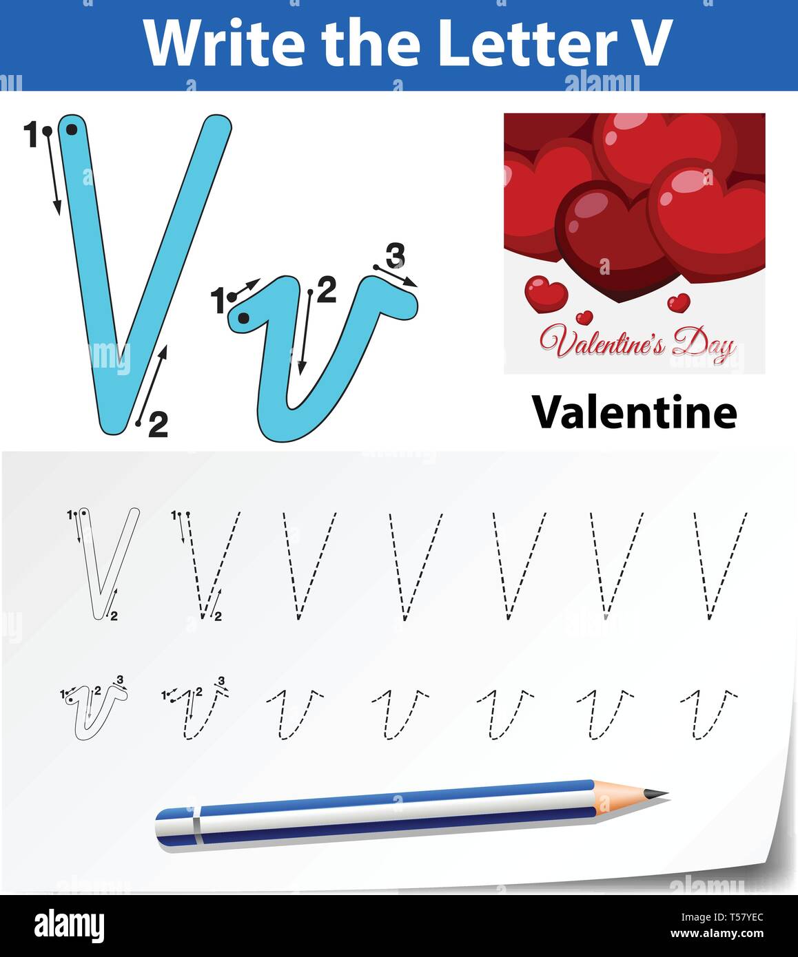 Letter V tracing alphabet worksheets illustration Stock Vector Image ...