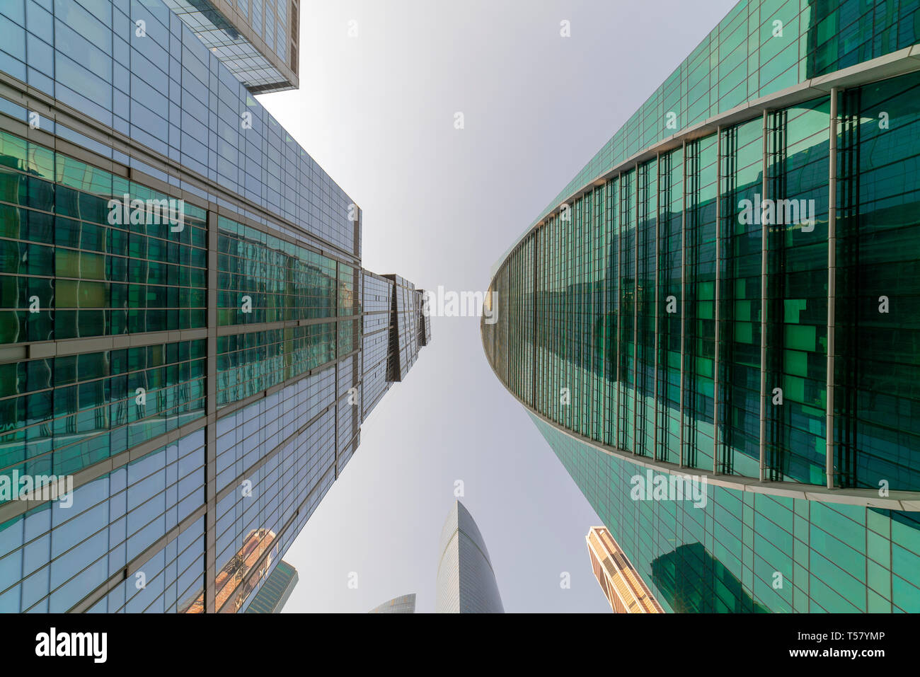 Modern skyscrapers - high-rise buildings in the down town. Bottom view ...