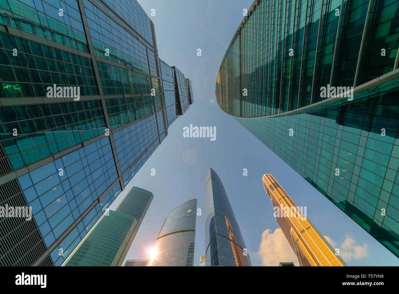 Modern skyscrapers - high-rise buildings in the down town. Bottom view ...