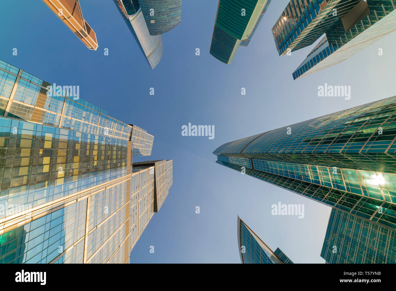 Modern skyscrapers - high-rise buildings in the down town. Bottom view ...