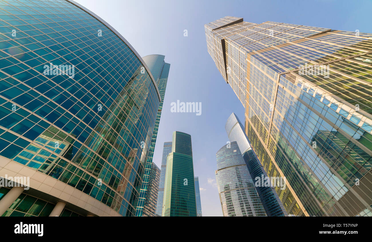 Modern skyscrapers - high-rise buildings in the down town. Bottom view ...