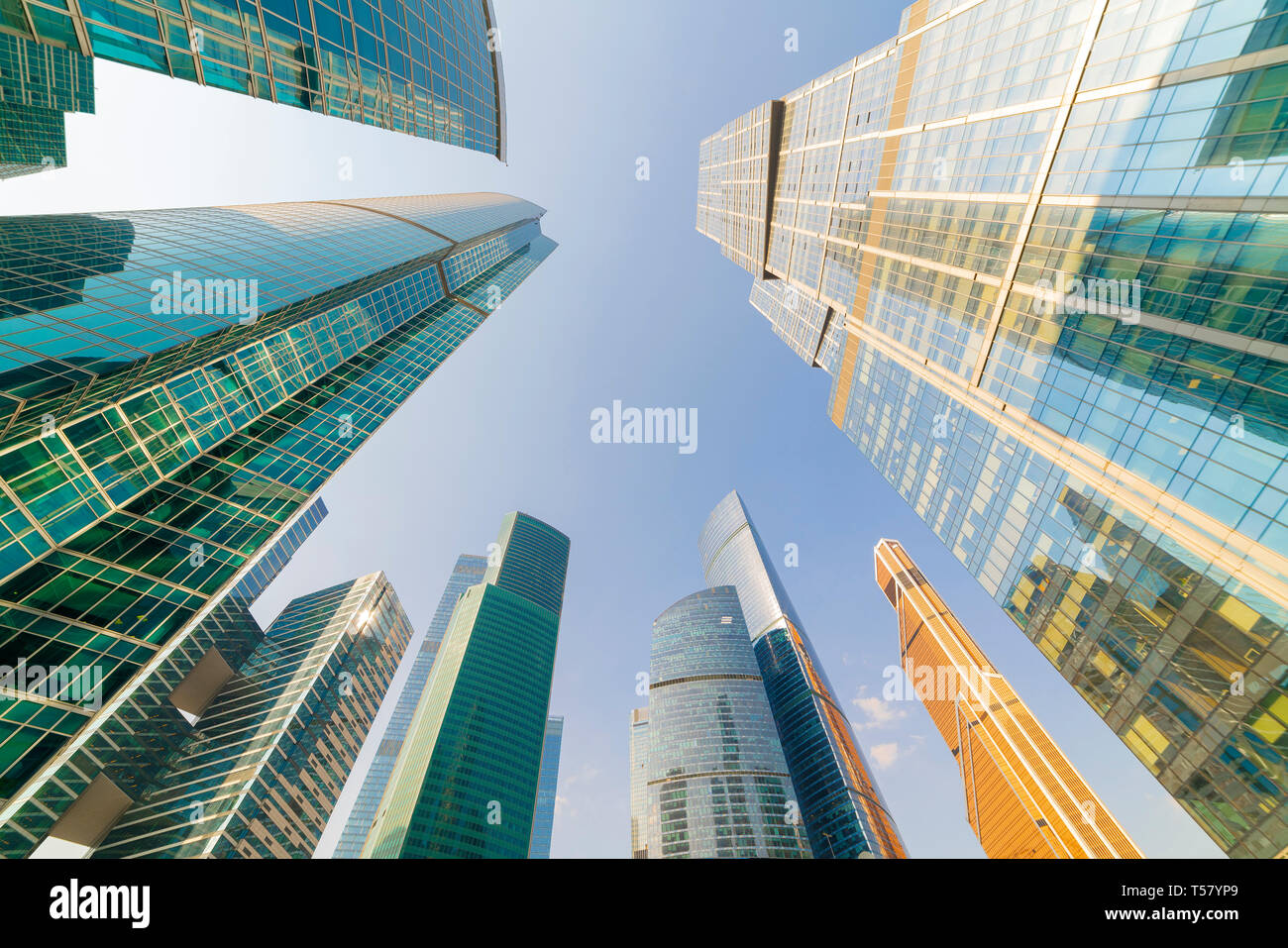 Modern skyscrapers - high-rise buildings in the down town. Bottom view ...