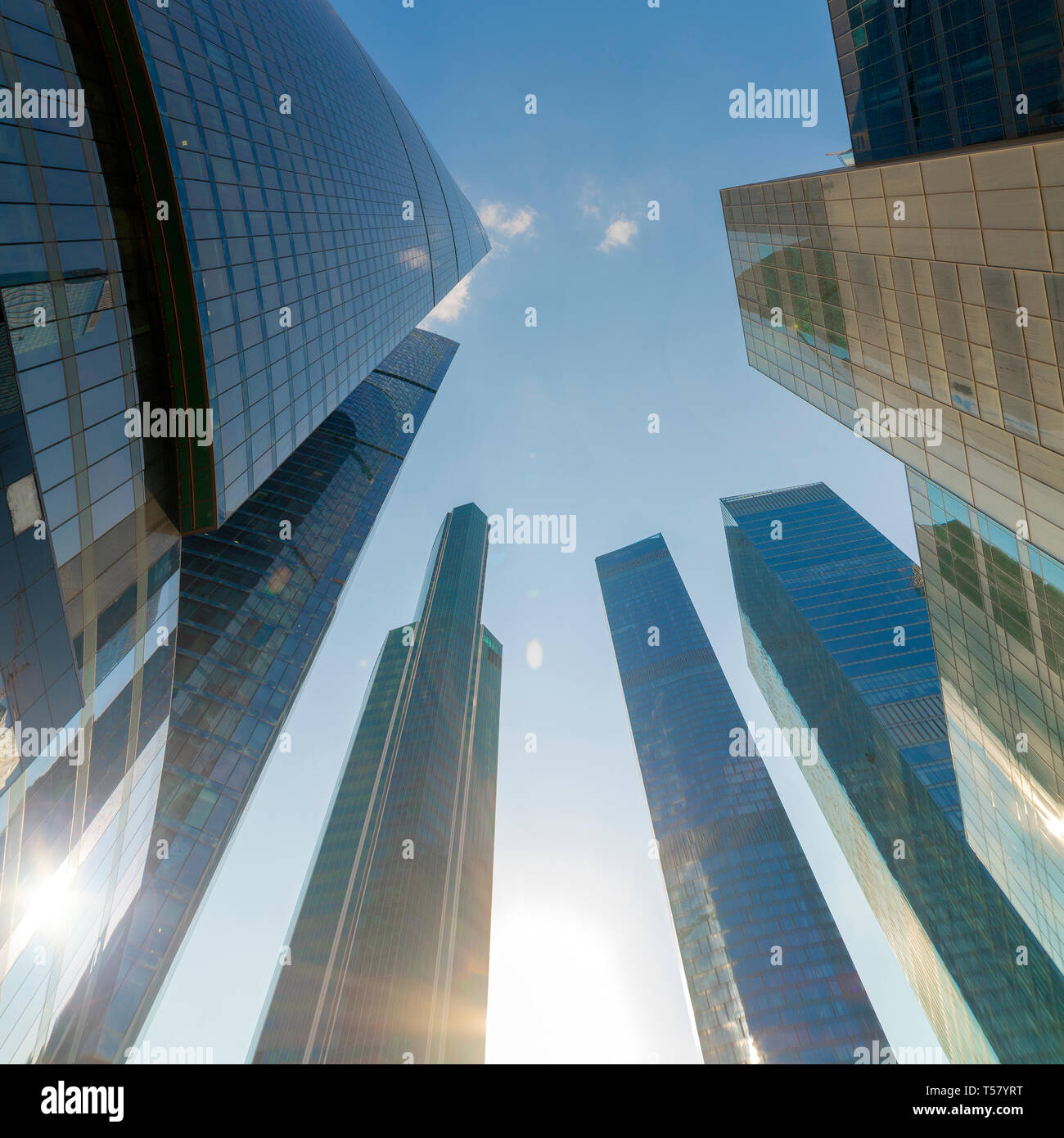 Modern skyscrapers - high-rise buildings in the down town. Bottom view ...