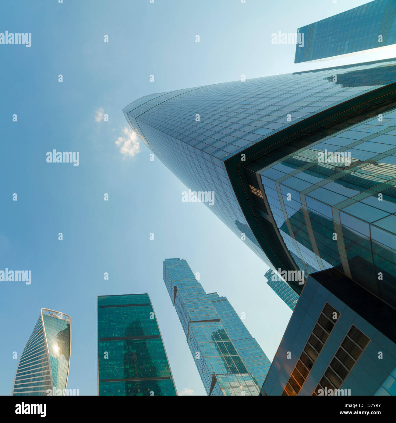 Modern skyscrapers - high-rise buildings in the down town. Bottom view ...