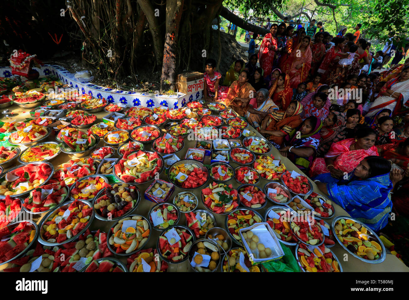 Devotees sit beside arrays of offerings placed under the ancient banyan ...