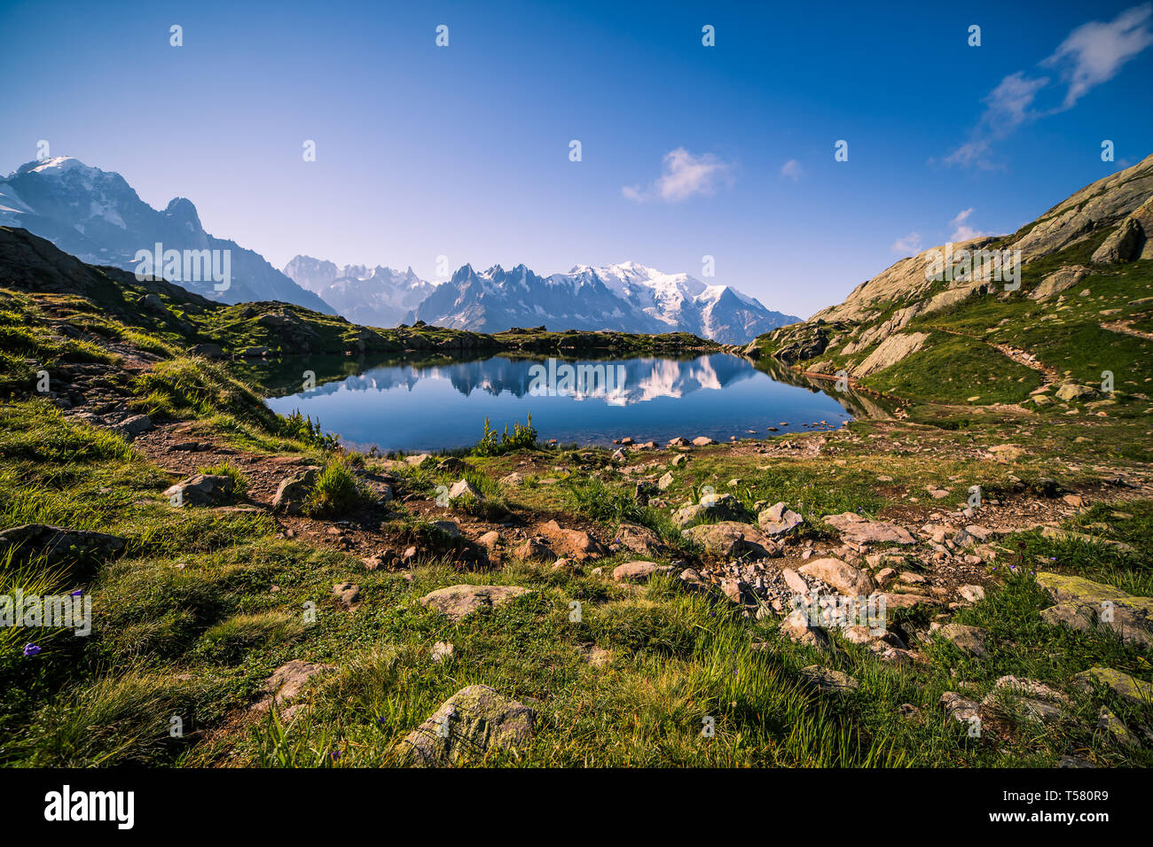 Mountain Lake (Lac de Chéserys) Reflecting Iconic Mont-Blanc Snowy Peaks on a Sunny Day Stock ...