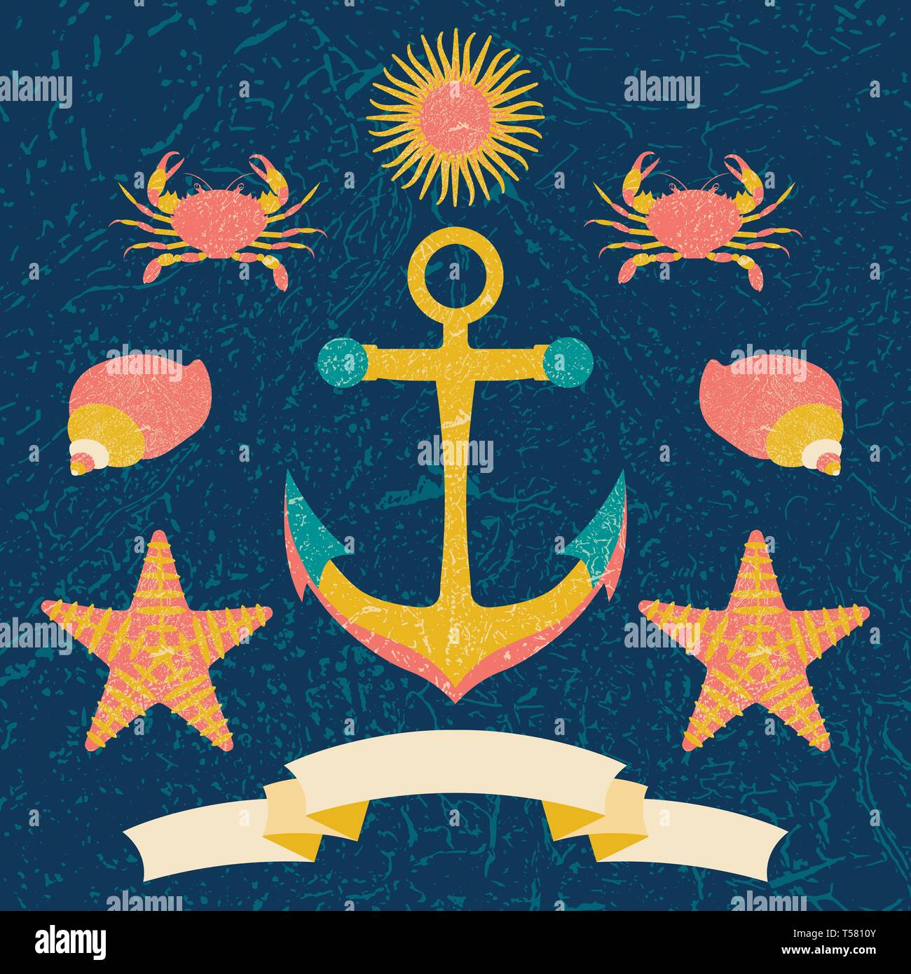 Nautical poster. Cartoon style with grunge effects. Tape for text ...