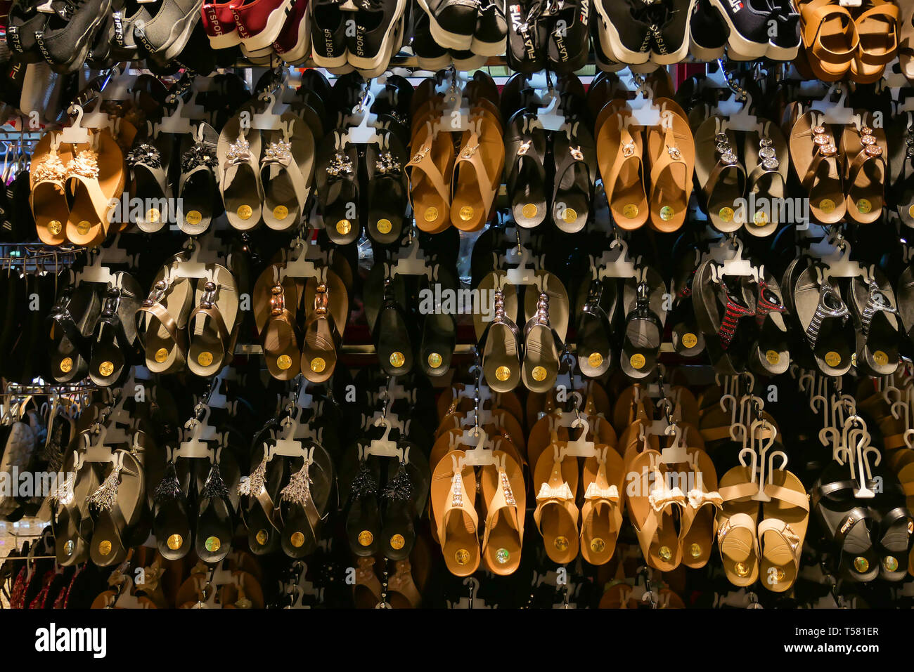 Kuala Lumpur,Malaysia - April 13,2019 : Various pair of slippers hang ...