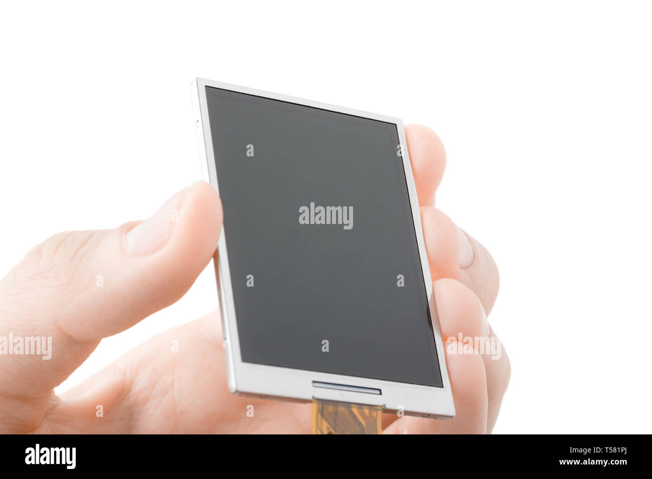 Hand hold small display, isolated on white Stock Photo - Alamy