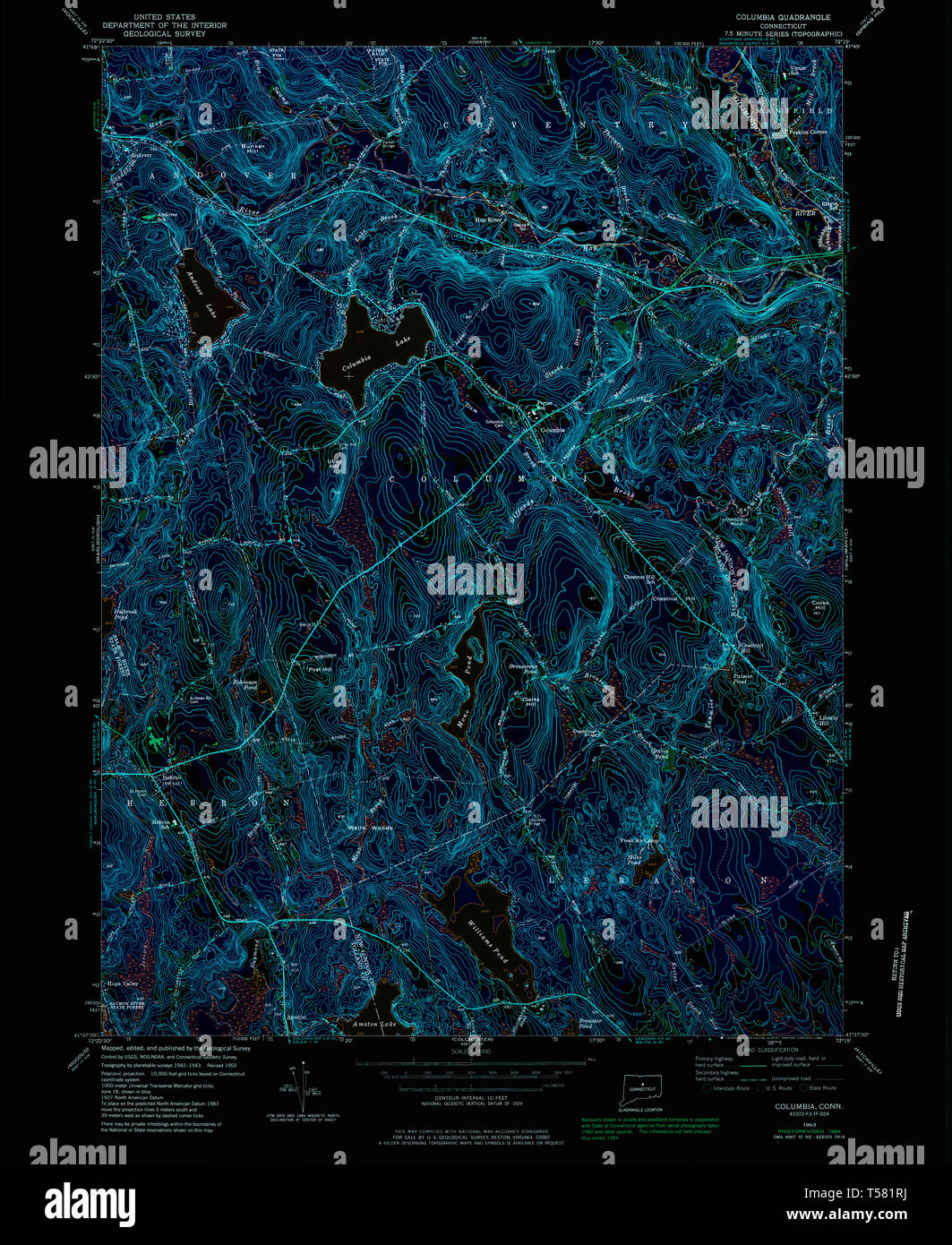 USGS TOPO Map Connecticut CT Columbia 330504 1953 24000 Inverted ...