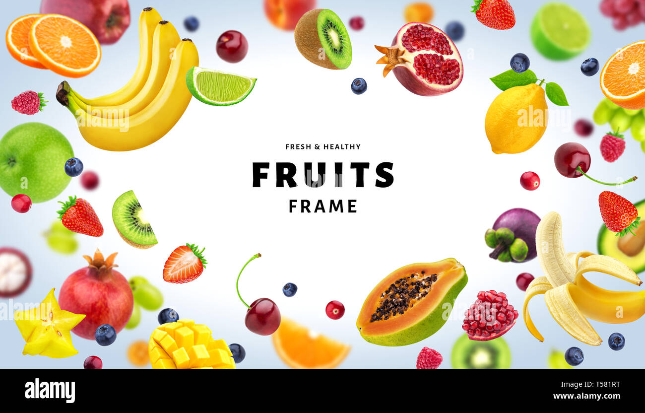 Fruits isolated on white background, round frame made of different ...