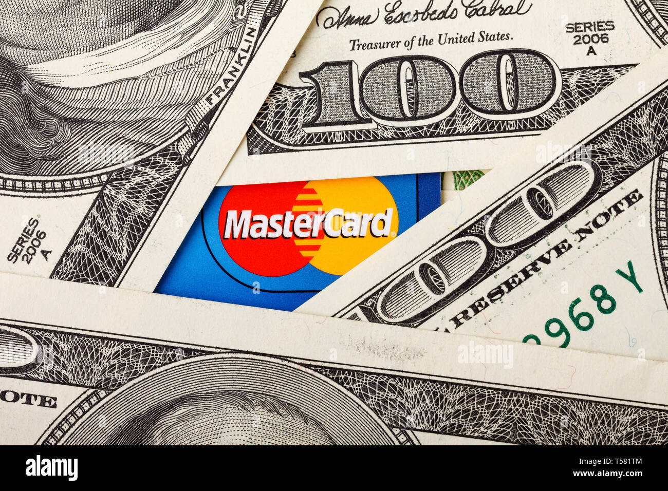 KIEV, UKRAINE - May 5: MasterCard credit card logo among US dollar ...