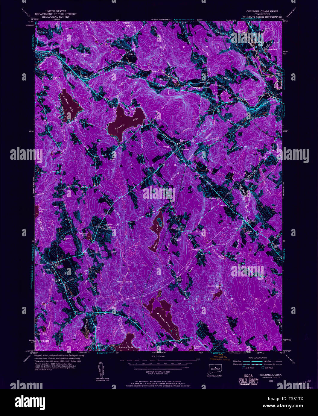 USGS TOPO Map Connecticut CT Columbia 330505 1953 24000 Inverted ...