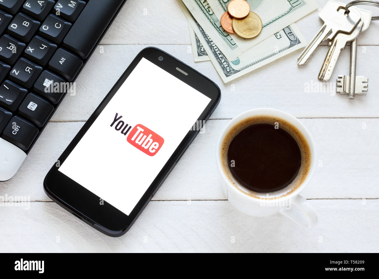 KIEV, UKRAINE - June 9: YouTube platform logo on new smartphone, in ...