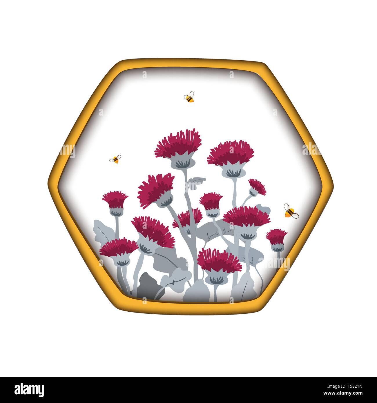 Vector template label with hand draw thistles and bees in hexagon honey ...