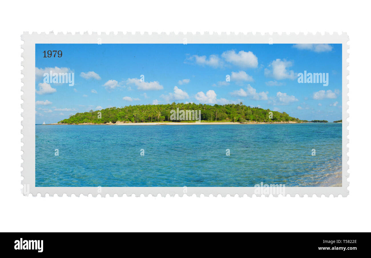 Vintage stylized postage stamp with tropical island on horizon Stock ...