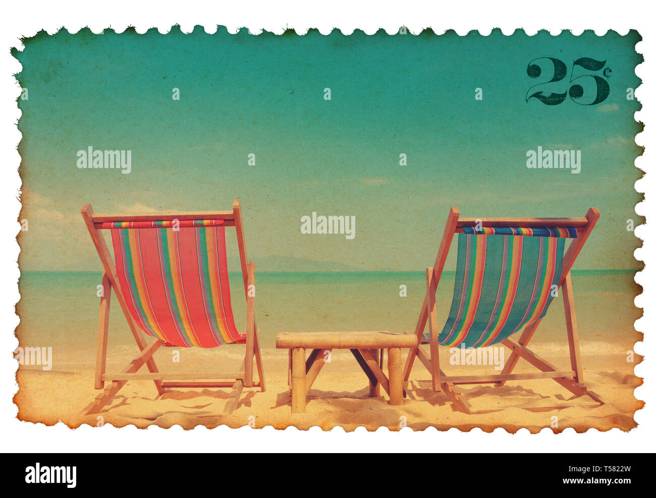 Vintage stylized postage stamp with two beach chairs on tropical shore ...