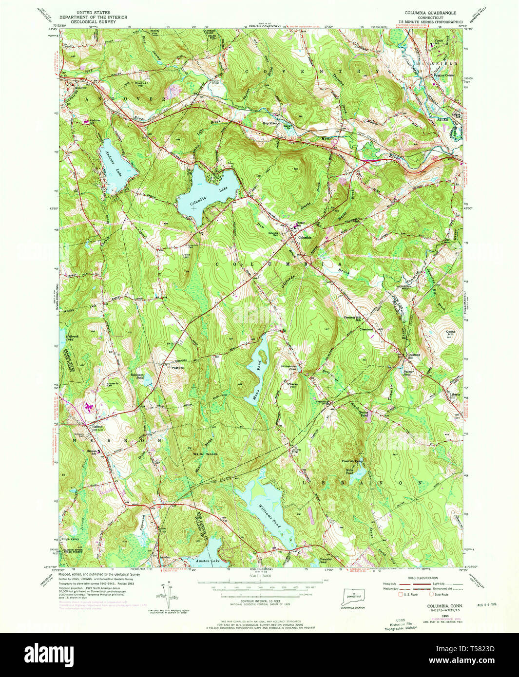 USGS TOPO Map Connecticut CT Columbia 330508 1953 24000 Restoration ...
