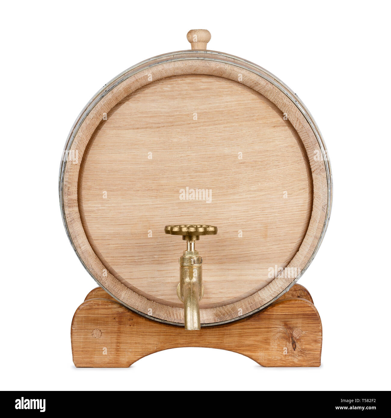 Oak wooden barrel on rack, front view, isolated on white background ...