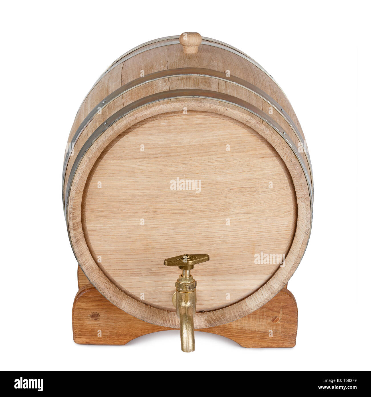 Wooden barrel on rack, front view, isolated on white background Stock ...