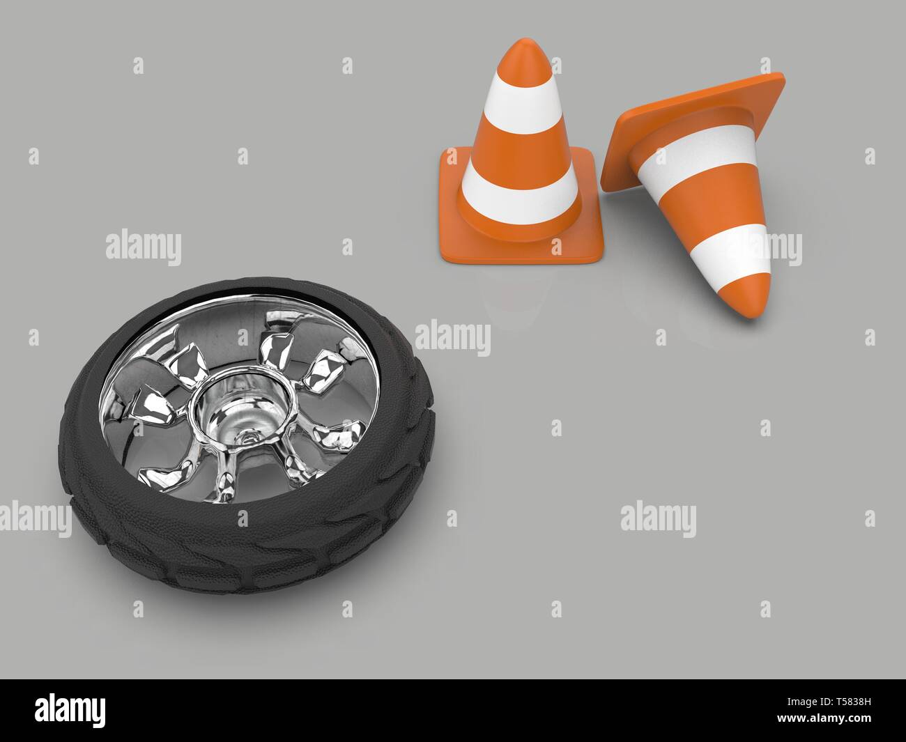 Car wheel with traffic cones 3D rendering Stock Photo - Alamy