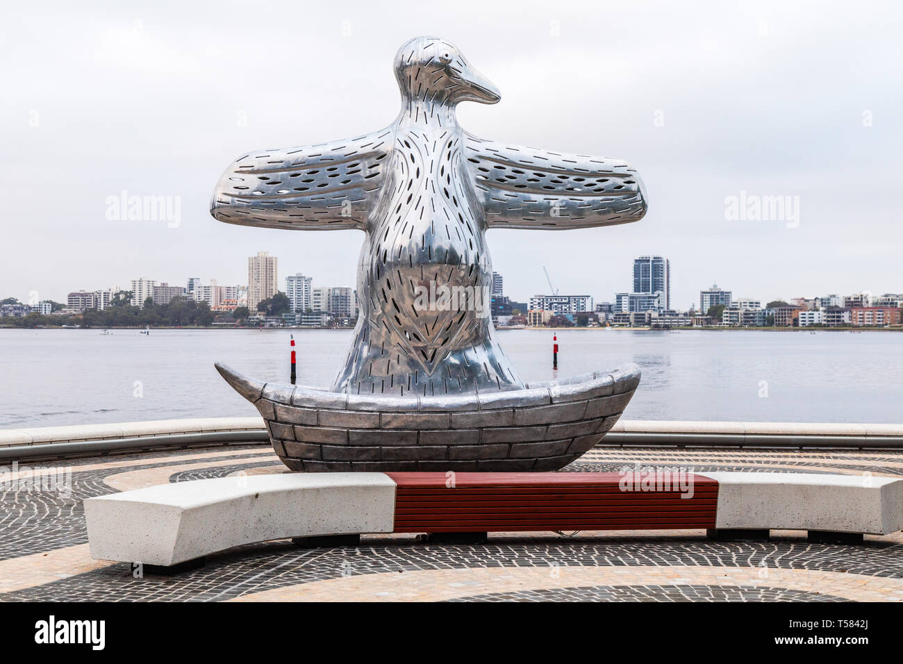Elizabeth Quay Statue in Front of the Swan River ("First Contact Stock ...