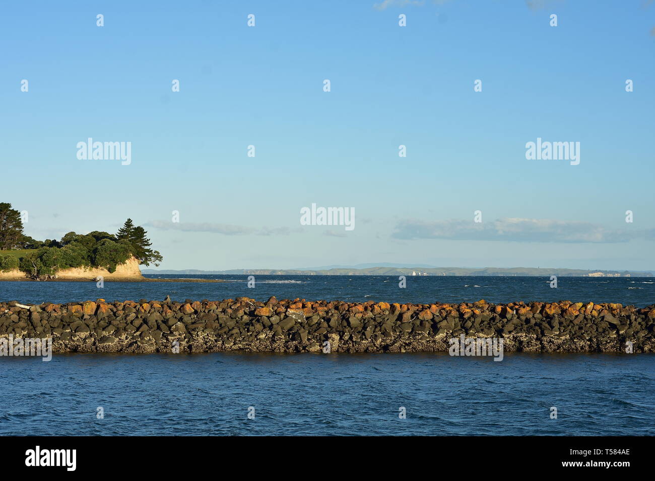 Breakwall of free laid stones with lichen growth on top and oyster ...