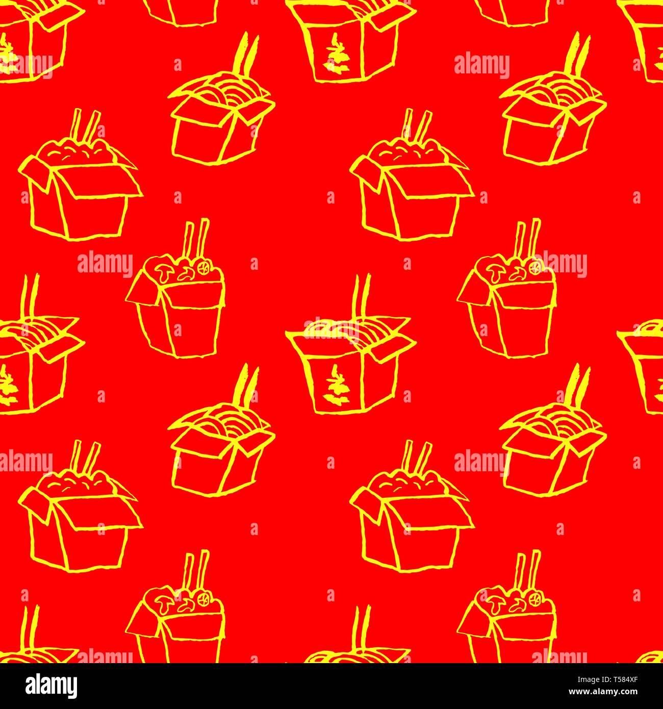 Pan-asian food in box seamless pattern. Grunge ink brush vector ...