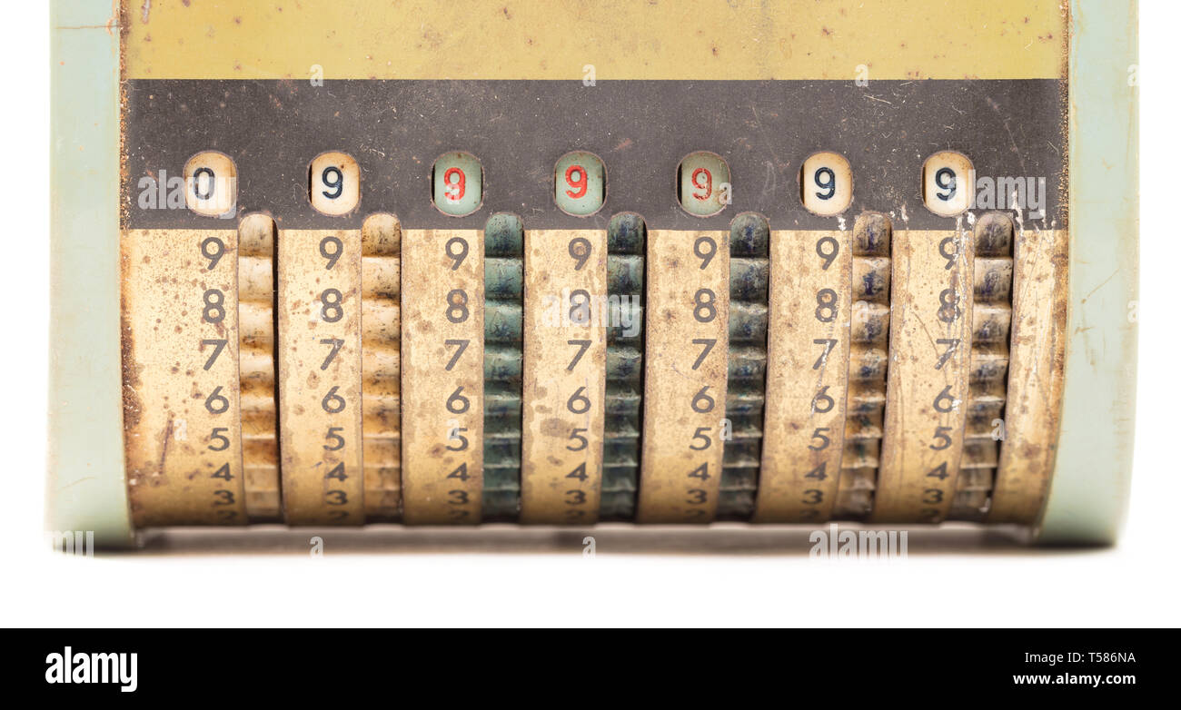 Vintage manual adding machine isolated on white Stock Photo - Alamy