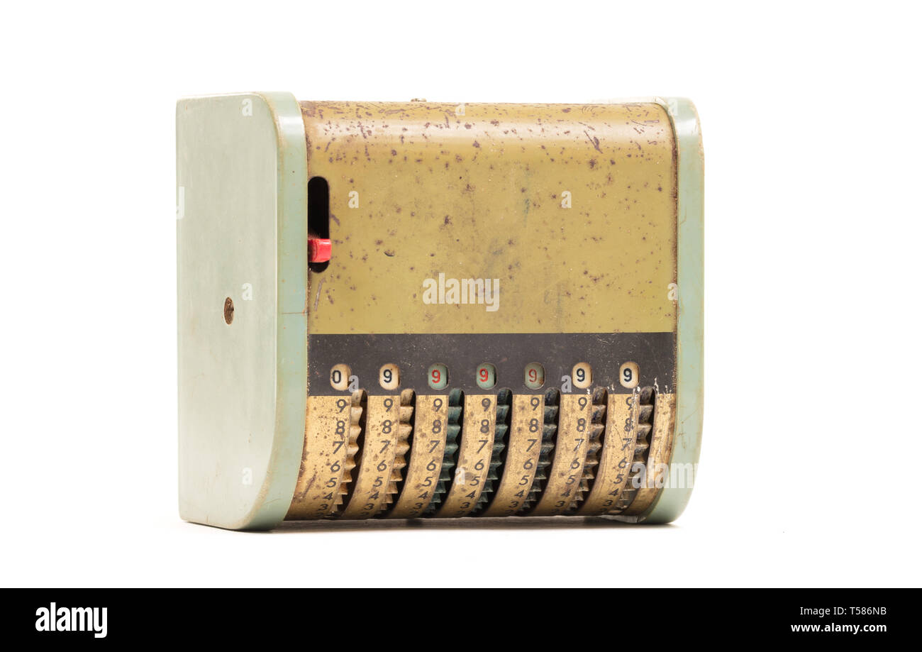 Vintage manual adding machine isolated on white Stock Photo - Alamy
