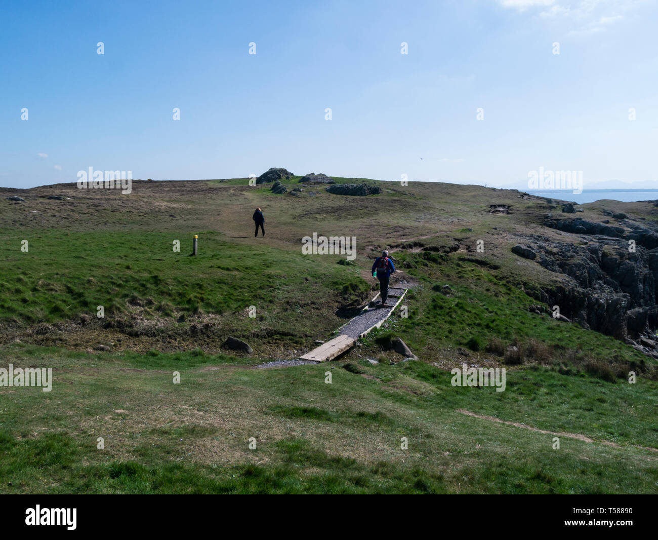 Man and woman walking the iconic Isle of Anglesey Coastal Path near ...